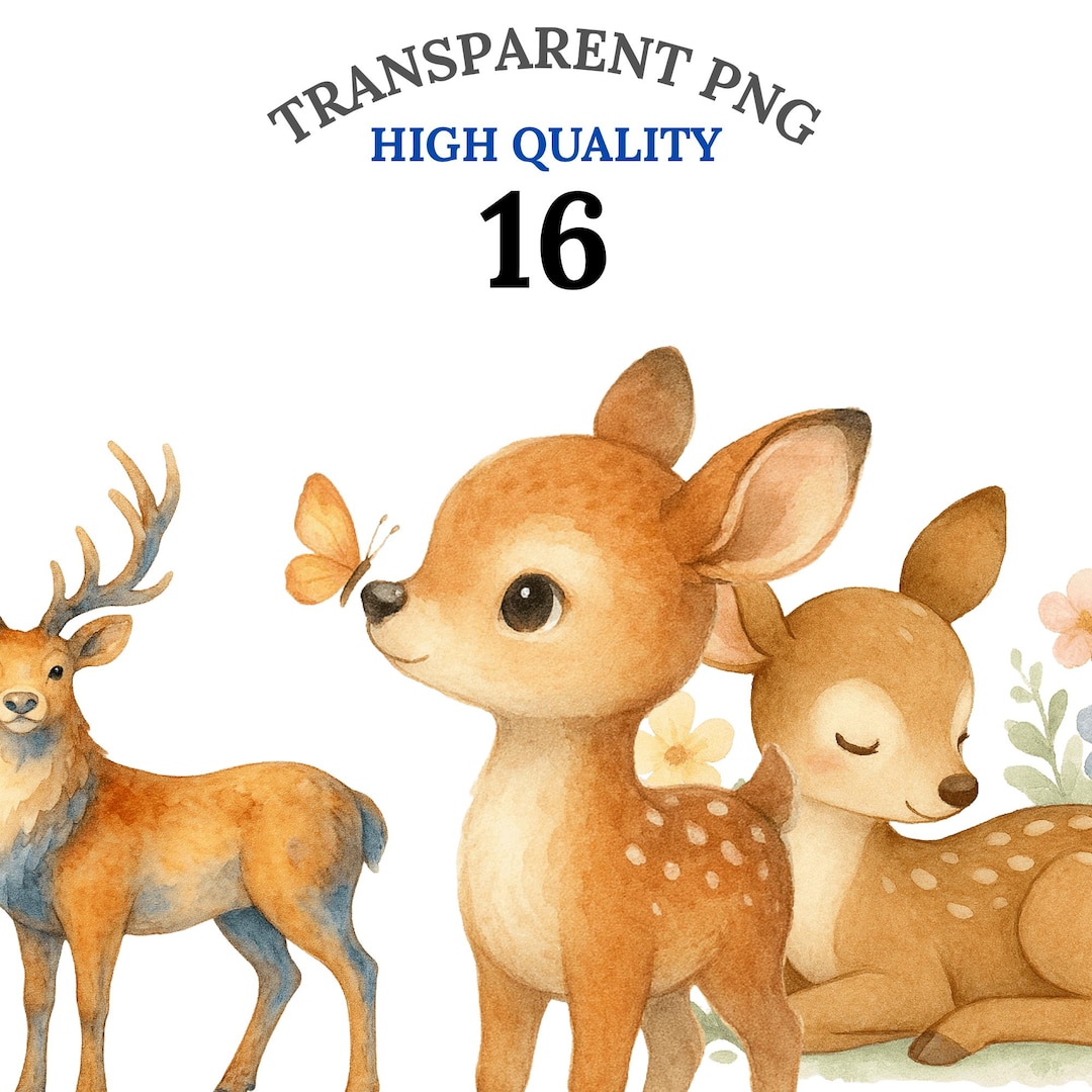 Deer Clipart Set, Cute Woodland Deer PNG, Baby Deer and Fawn Clipart ...