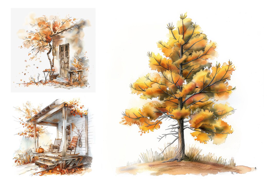Watercolor Autumn Clipart Bundle, Fall Tree Clipart, Autumn Scenery ...
