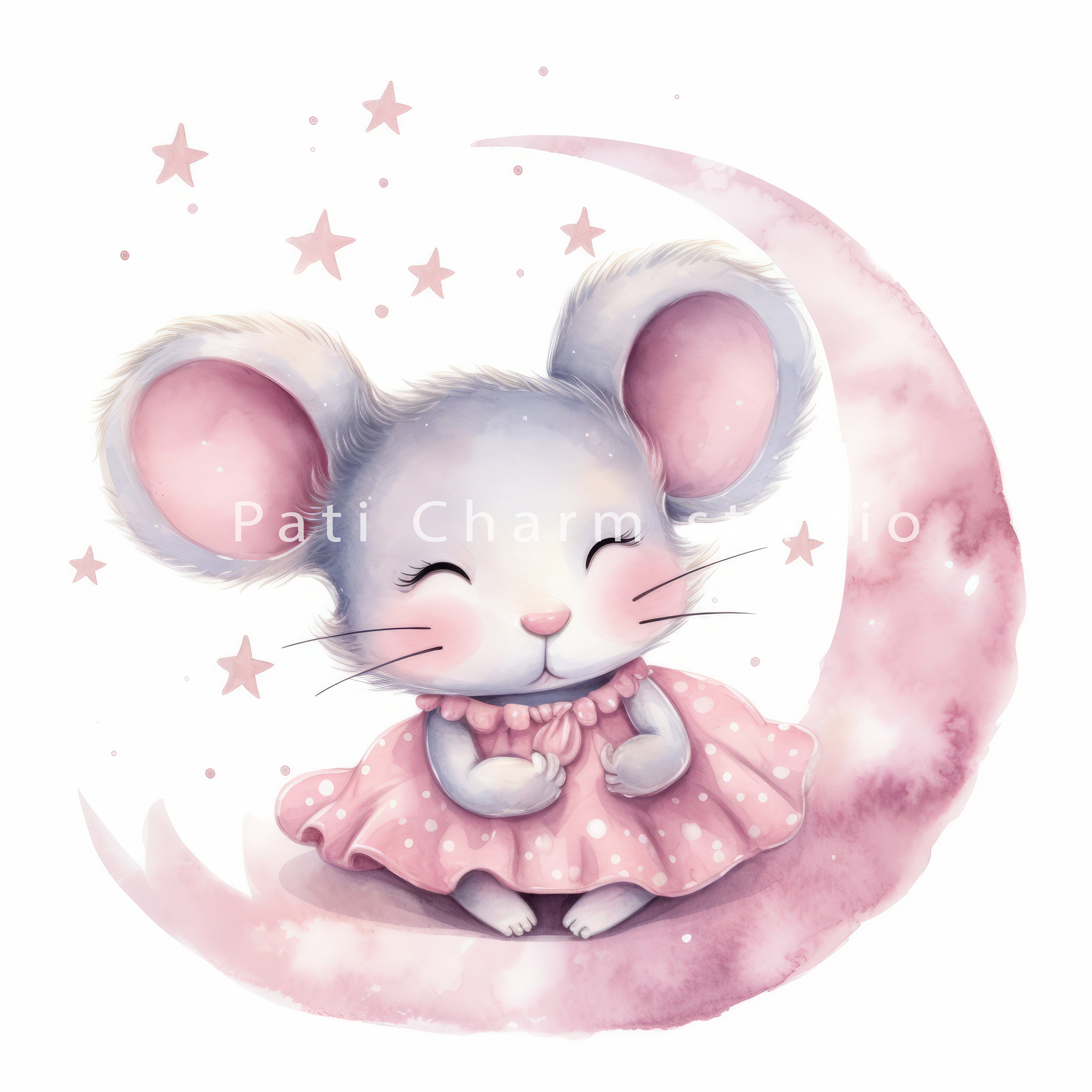 9 Cute Watercolor Sleeping Mouse on the Moon High Quality - Etsy
