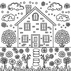 Floral House Coloring Page for Kids, Instant Download, Coloring Book ...