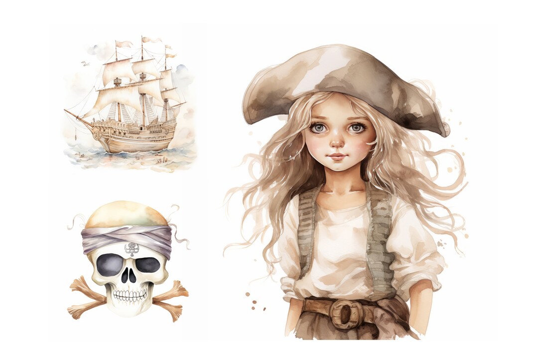 Watercolor Pirate Clipart Bundle for Kids, 9 High Quality Jpgs, Little ...