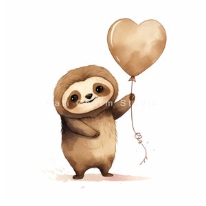 Watercolor Sloth With Heart Balloon Clipart Bundle, Instant Download ...