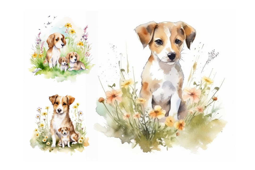 Cute Dog in Flower Clipart Bundle, Commercial Use, 9 High Quality Jpgs ...