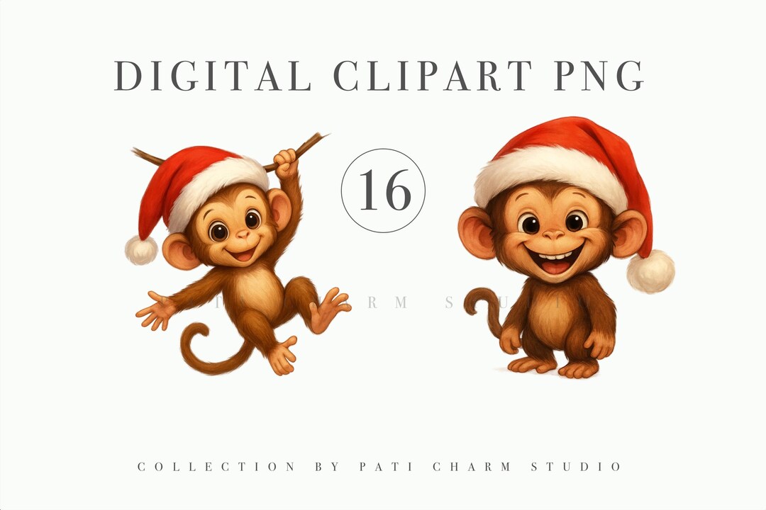 Baby Monkey Christmas Clipart PNG, Cute Safari Jungle Animals in Santa ...