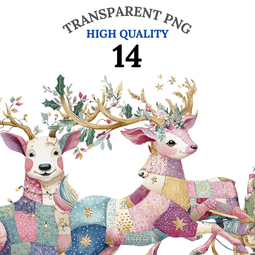 Patchwork Reindeer Clipart Set, Cozy Christmas Deer PNG Bundle, Winter ...