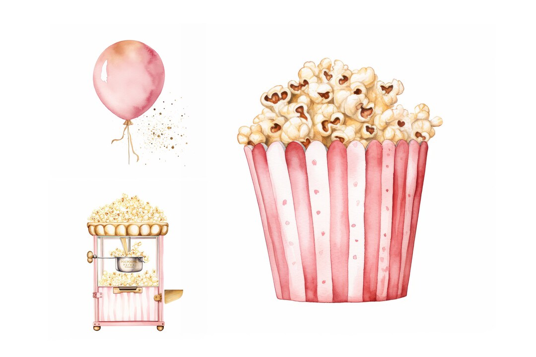 Pink Popcorn Carnaval Clipart JPG Bundle, Nursery Watercolor Clipart ...