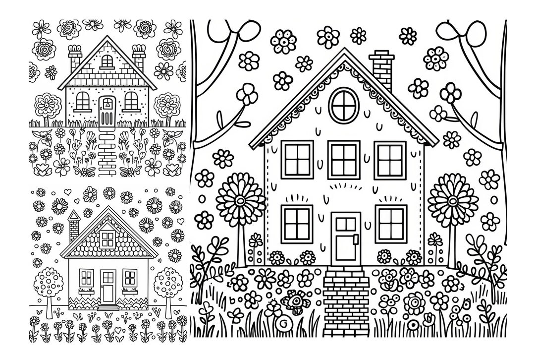 Floral House Coloring Page for Kids, Instant Download, Coloring Book ...
