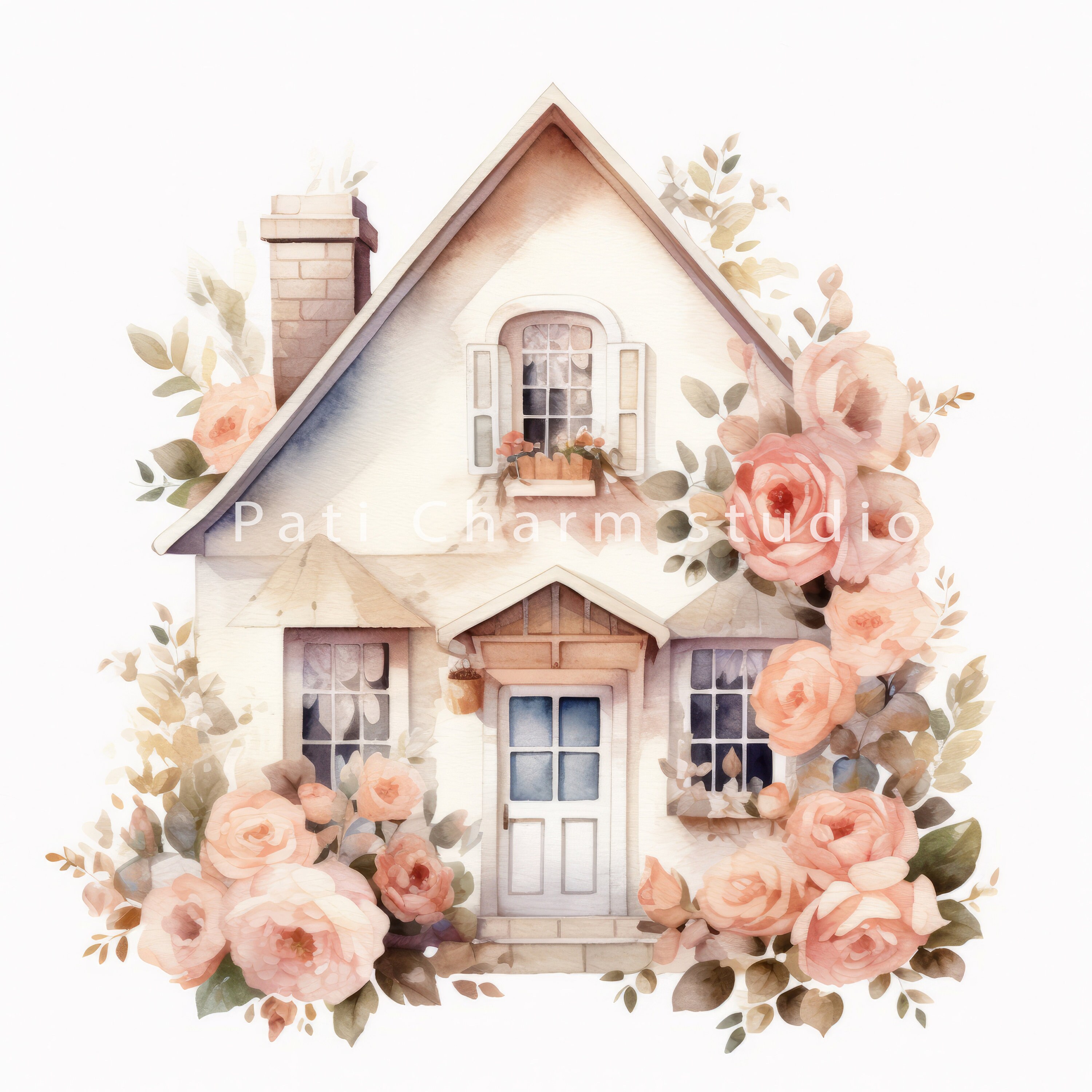 Pink Floral House Clipart, High Quality Jpgs, Blush Roses House Clipart ...