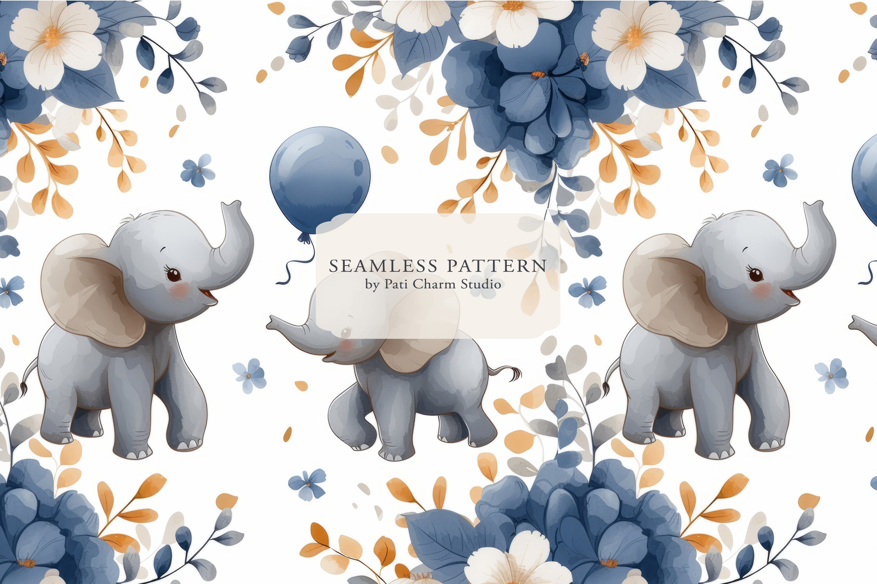Elephant Digital Paper, Baby Shower Wallpaper, Seamless Pattern for ...