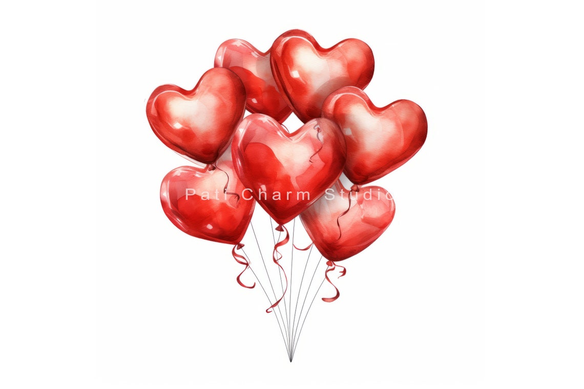 Watercolor Heart Balloons Clipart Bundle, Valentines Day Clipart ...