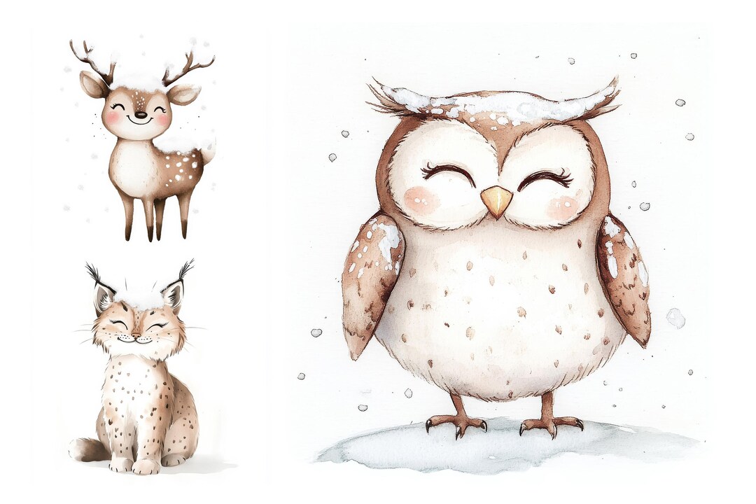Winter Forest Animals Clipart, High Quality Jpgs, Watercolor Woodland ...