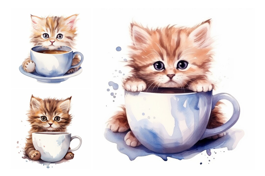 Nursery Cat in Cup Clipart Bundle, Watercolor Kitten Clipart, Digital ...