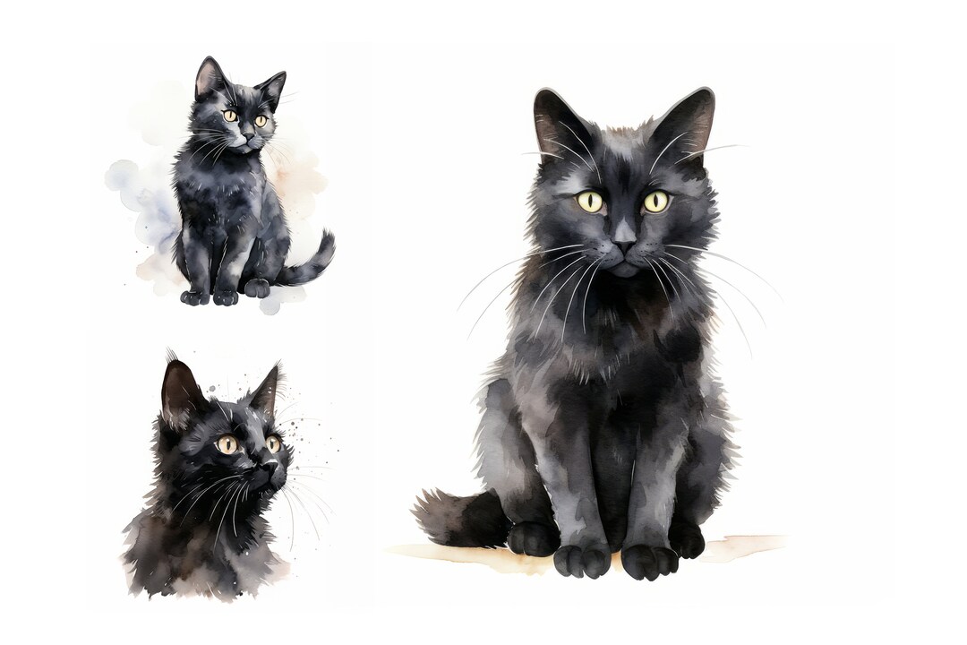 Watercolor Black Cat Clipart Bundle, JPG, Cute Cat Clipart, Black ...