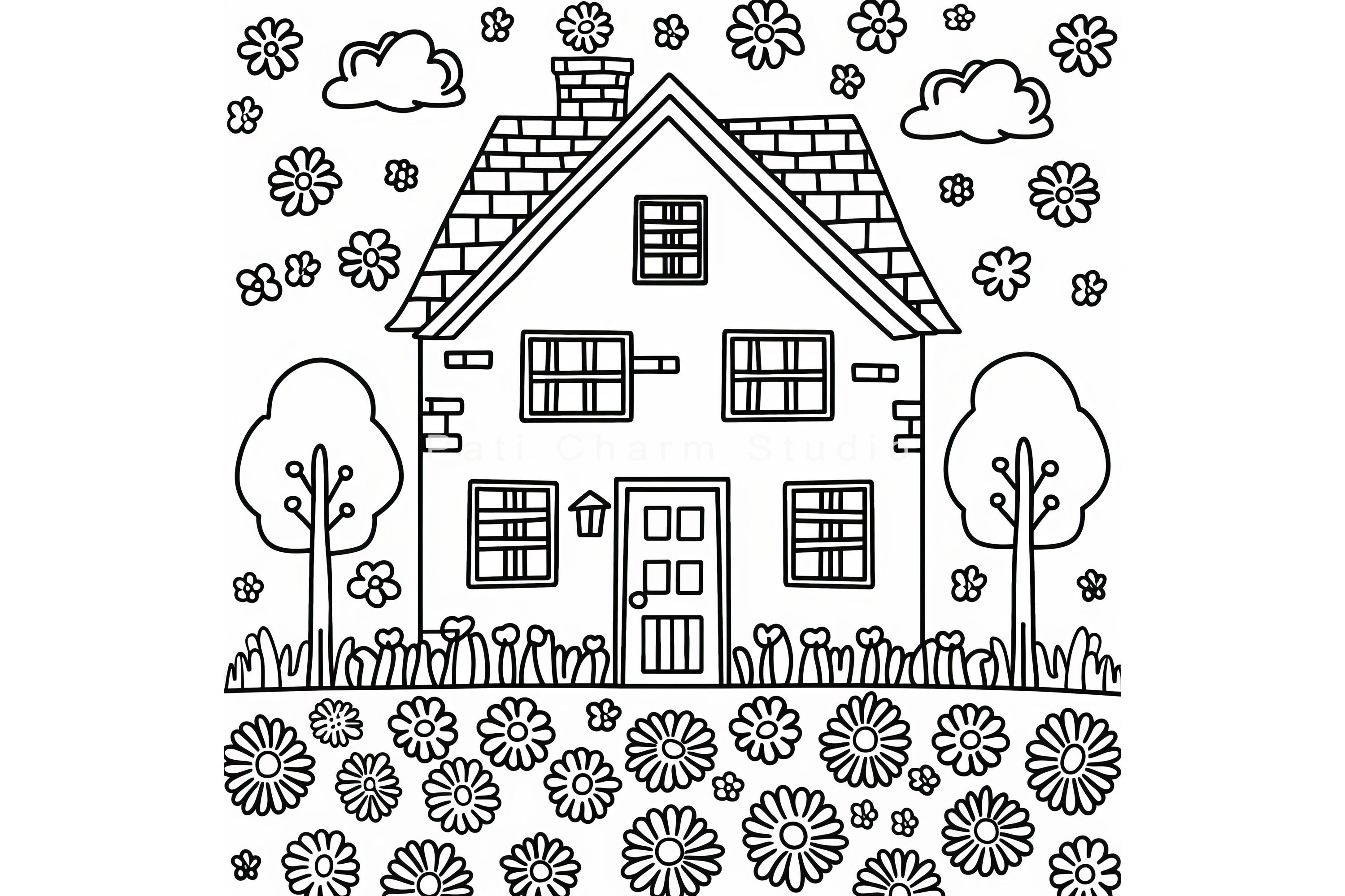 Floral House Coloring Page for Kids, Instant Download, Coloring Book ...