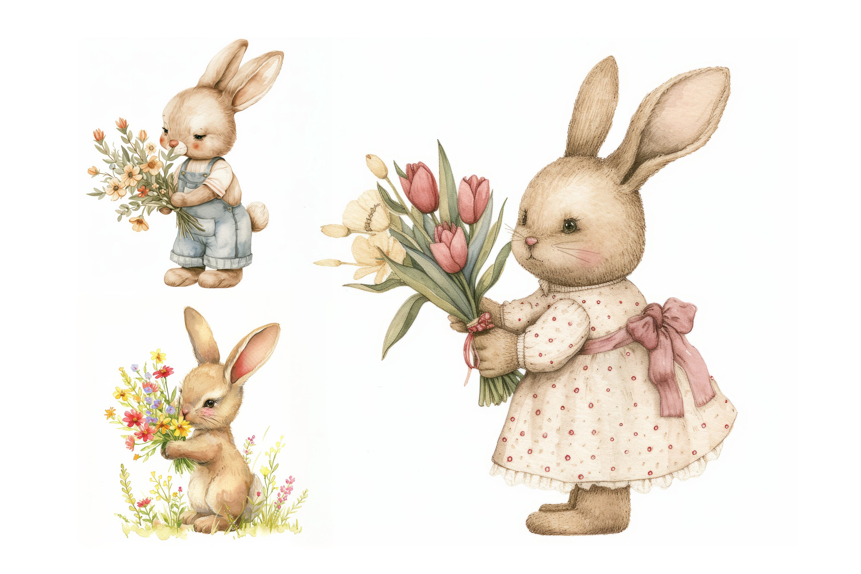 Easter Bunny With Flowers Clipart Bundle, Junk Journal, Watercolor ...