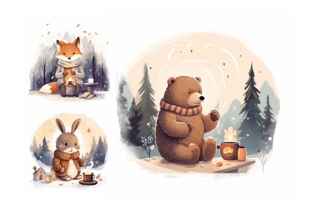 Winter Cute Animals Clipart Bundle 9 High Quality Jpgs, Watercolor ...