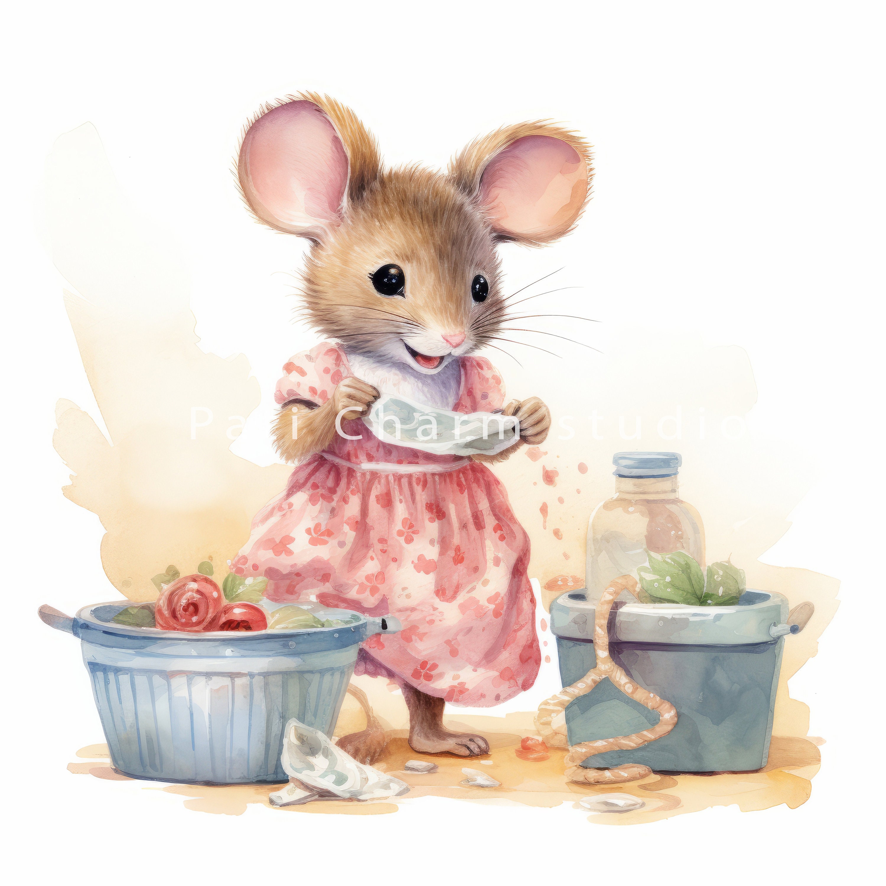 Cleaning Mouse Digital Clipart Bundle, High Quality Jpgs, Watercolor ...