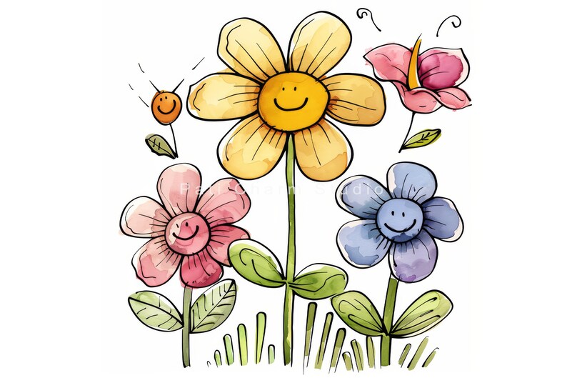 Happy Flowers Clipart Bundle, High Quality Jpgs, Watercolor Floral ...