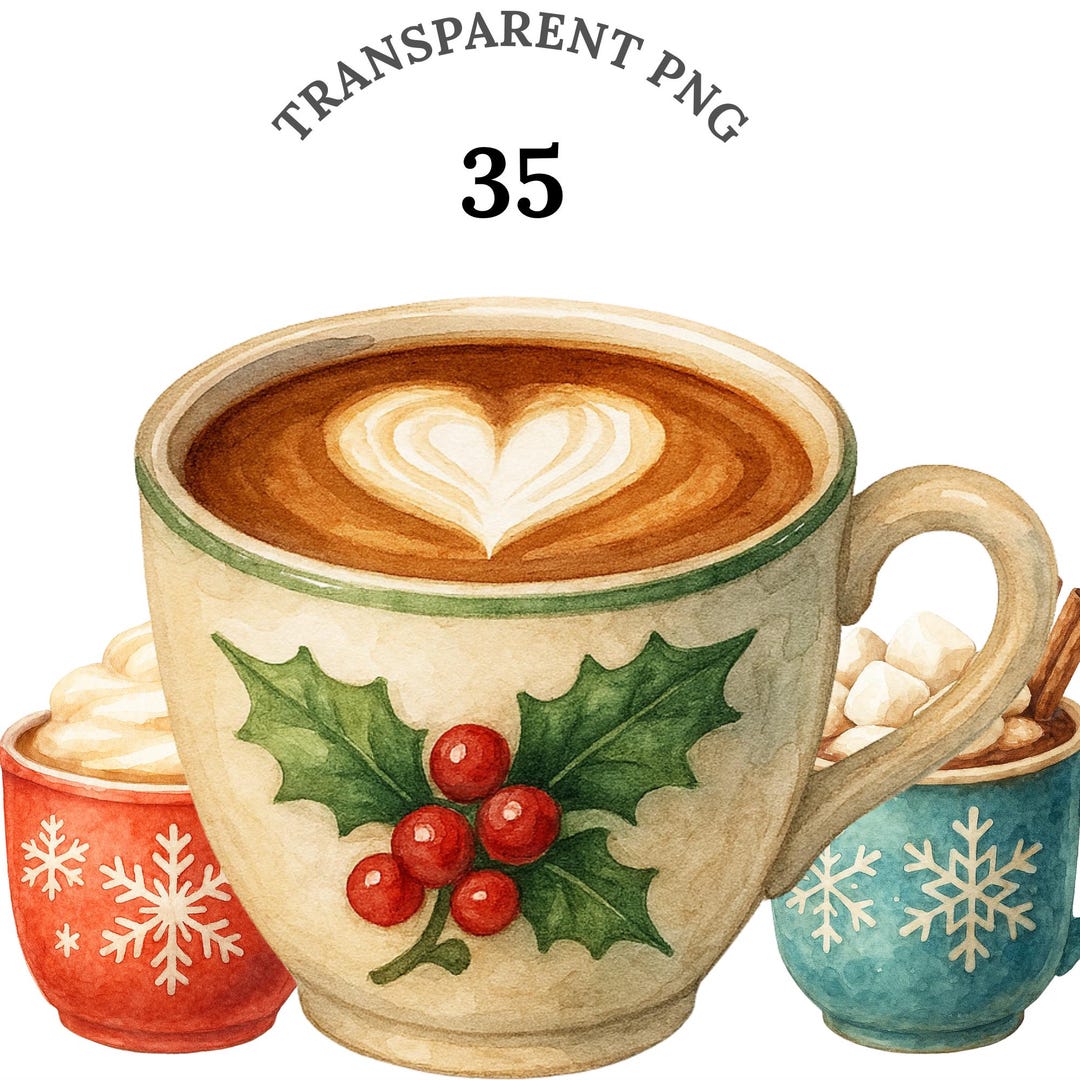 35 Christmas Mug Clipart Set, Hot Cocoa PNG, Cute Holiday Coffee, Santa ...