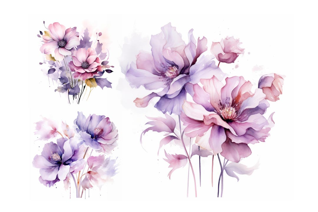 Watercolor Pink Flowers Clipart Bundle, Purple Flower Clipart, Wedding ...