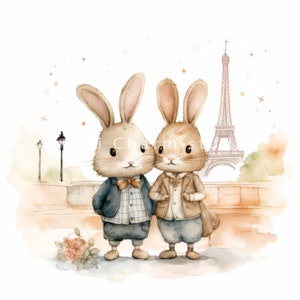 Watercolor Rabbits in Paris Clipart Bundle, High Quality Jpgs, Couples ...