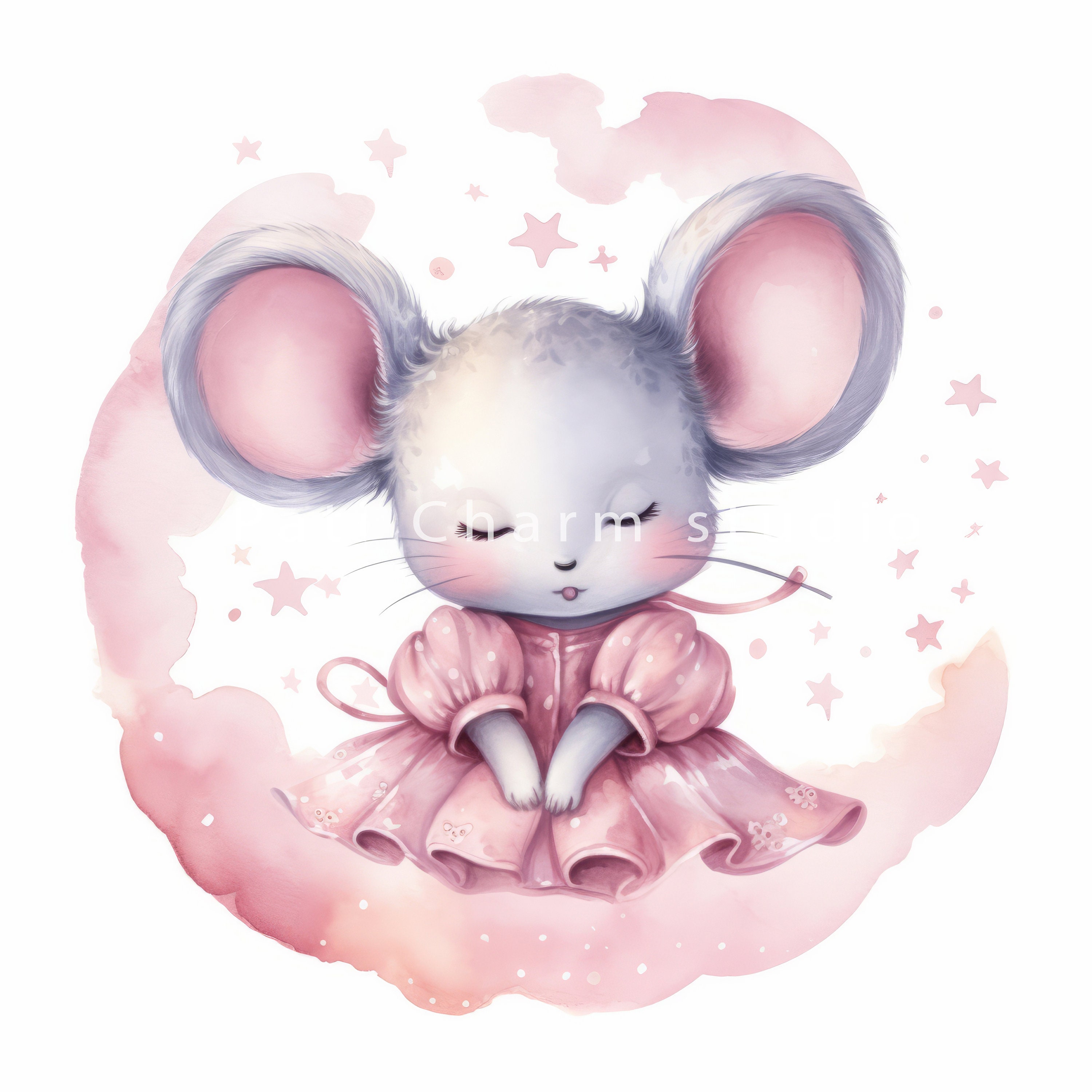 9 Cute Watercolor Sleeping Mouse on the Moon High Quality - Etsy