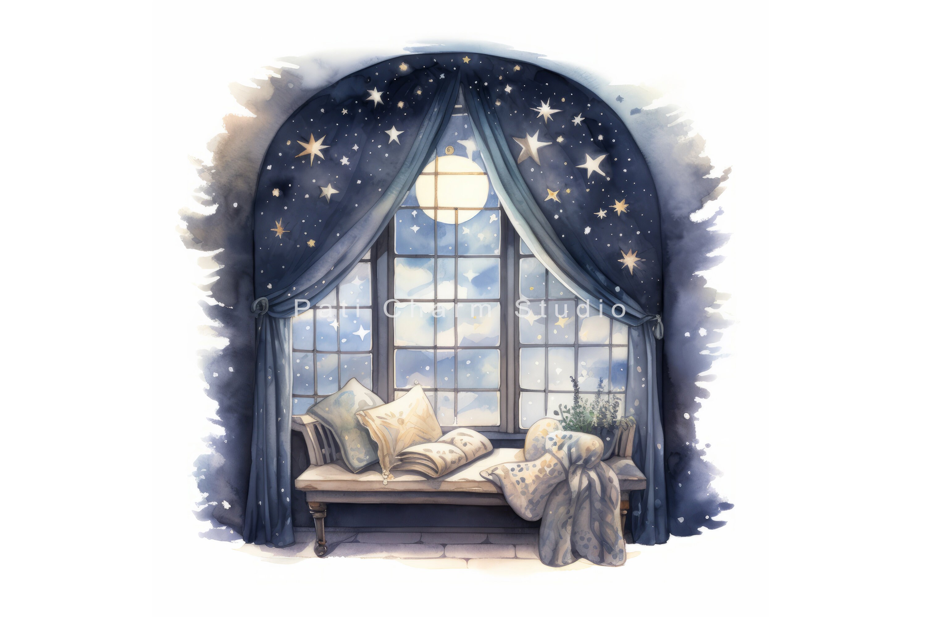 Watercolor Night Window Clipart Bundle, Jpgs, Good Night Clipart, Baby ...