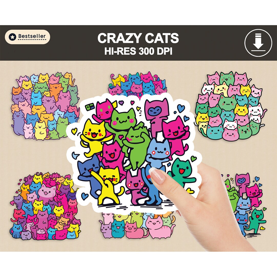 Crazy Cats PNG SVG Clipart Bundle, Funny Cat Stickers (digital Download ...