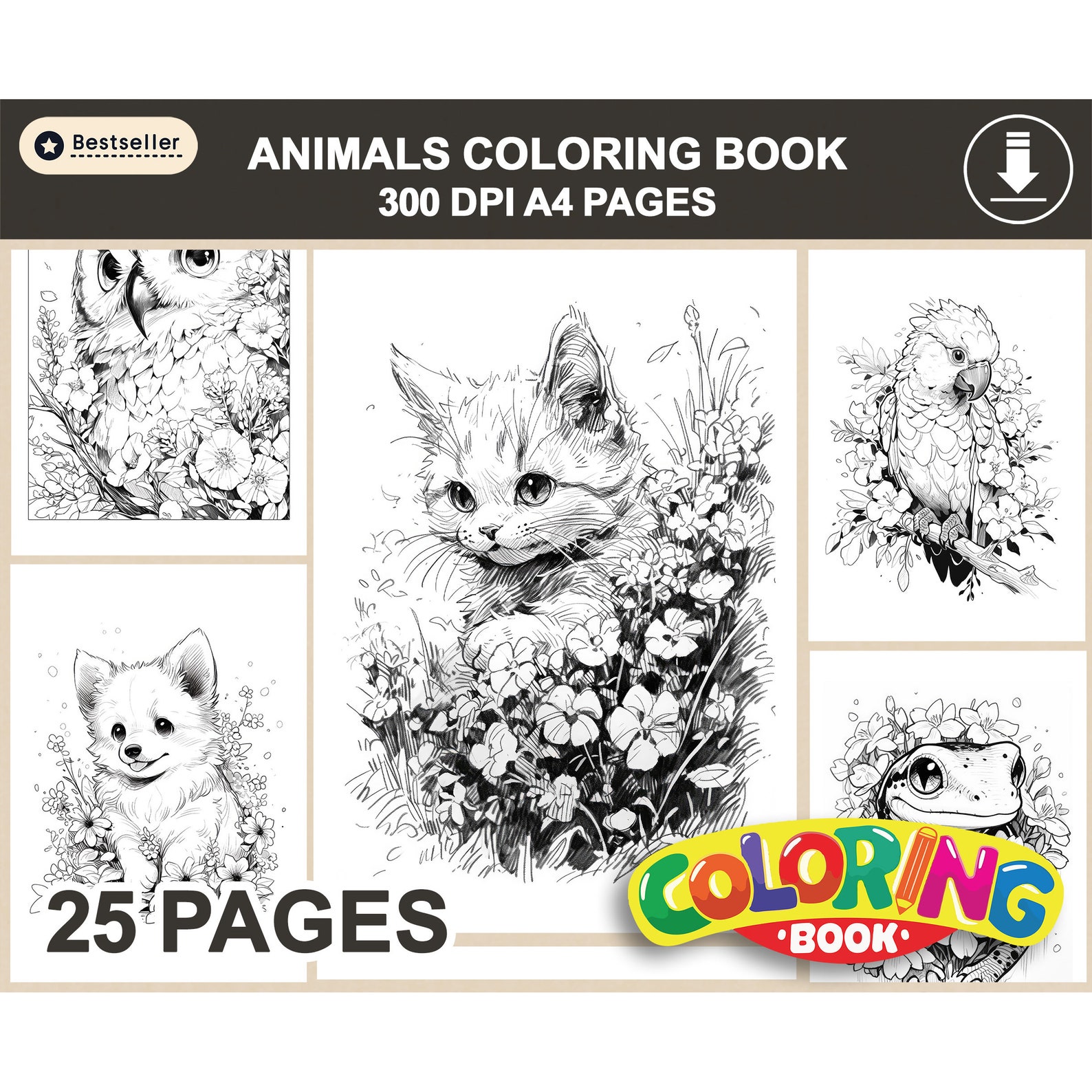 Animal Coloring Book, Coloring Pages for Kids and Adults, High ...