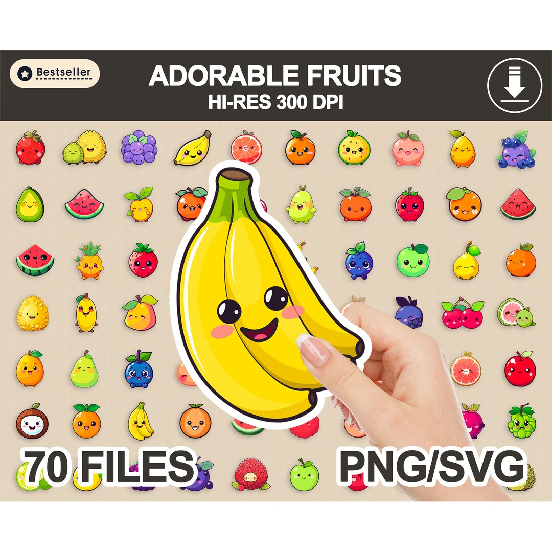 Adorable Fruits PNG SVG Bundle, PNG Stickers, Printable Stickers ...