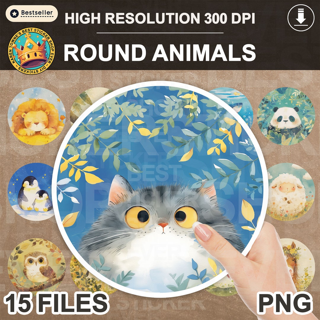 Animals PNG Bundle, Round PNG, Printable Sticker, Sticker Design, Cute ...