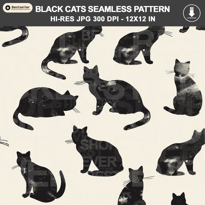 Black Cats Vintage Cat Print Seamless Pattern Design Repeating File for ...