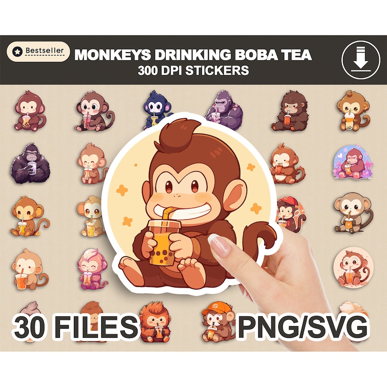 Monkey Drinking Boba Tea PNG SVG Bundle, Monkey PNG, Printable Sticker ...