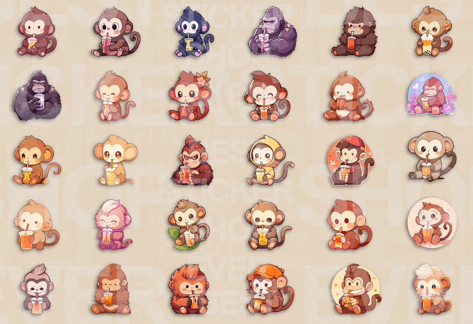 Monkey Drinking Boba Tea PNG SVG Bundle, Monkey PNG, Printable Sticker ...