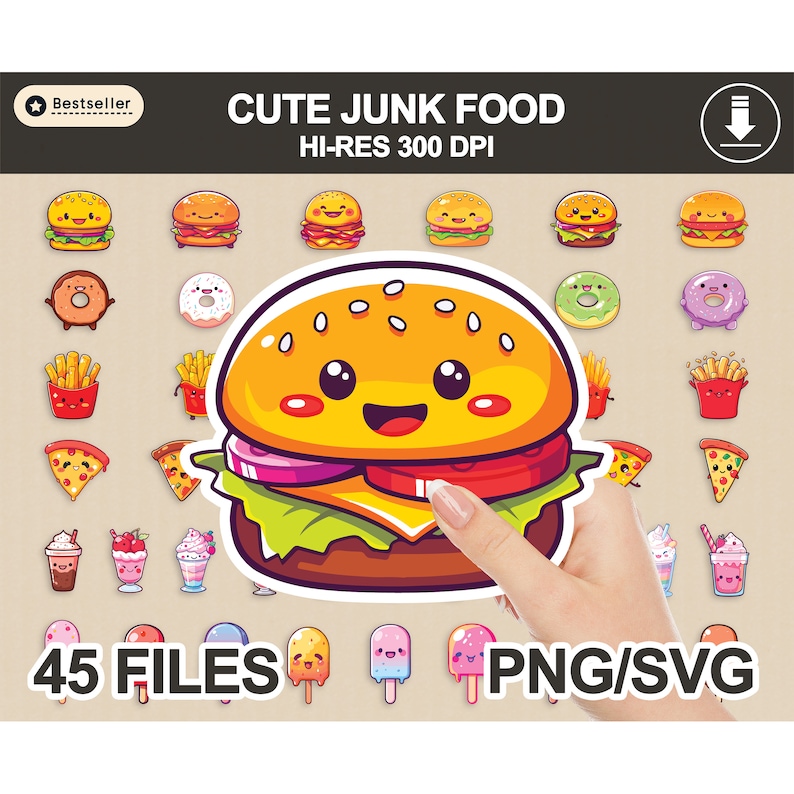 Cute Junk Food PNG SVG Bundle, PNG Stickers, Printable Stickers ...