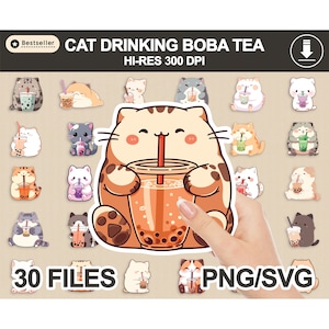 Cat Drinking Boba Tea PNG SVG, Cats Sticker, Vector Sticker, Printable ...