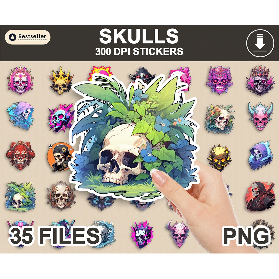 Skulls Clipart PNG, Skeletons Clipart Bundle, Printable Sticker ...