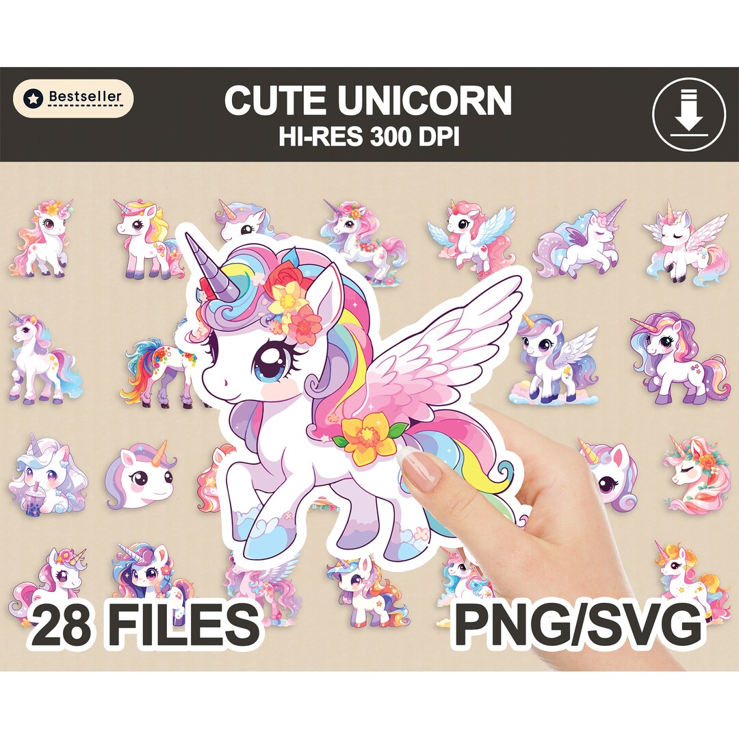 Cute Unicorn PNG SVG Bundle, PNG Clipart Bundle, Printable Stickers ...