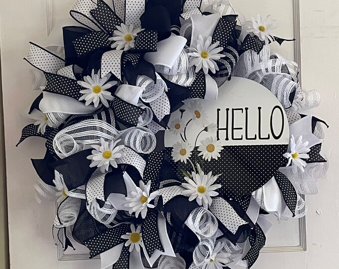 Black and White Daisy Wreath for Front Door, Hello Sign Wreath and ...