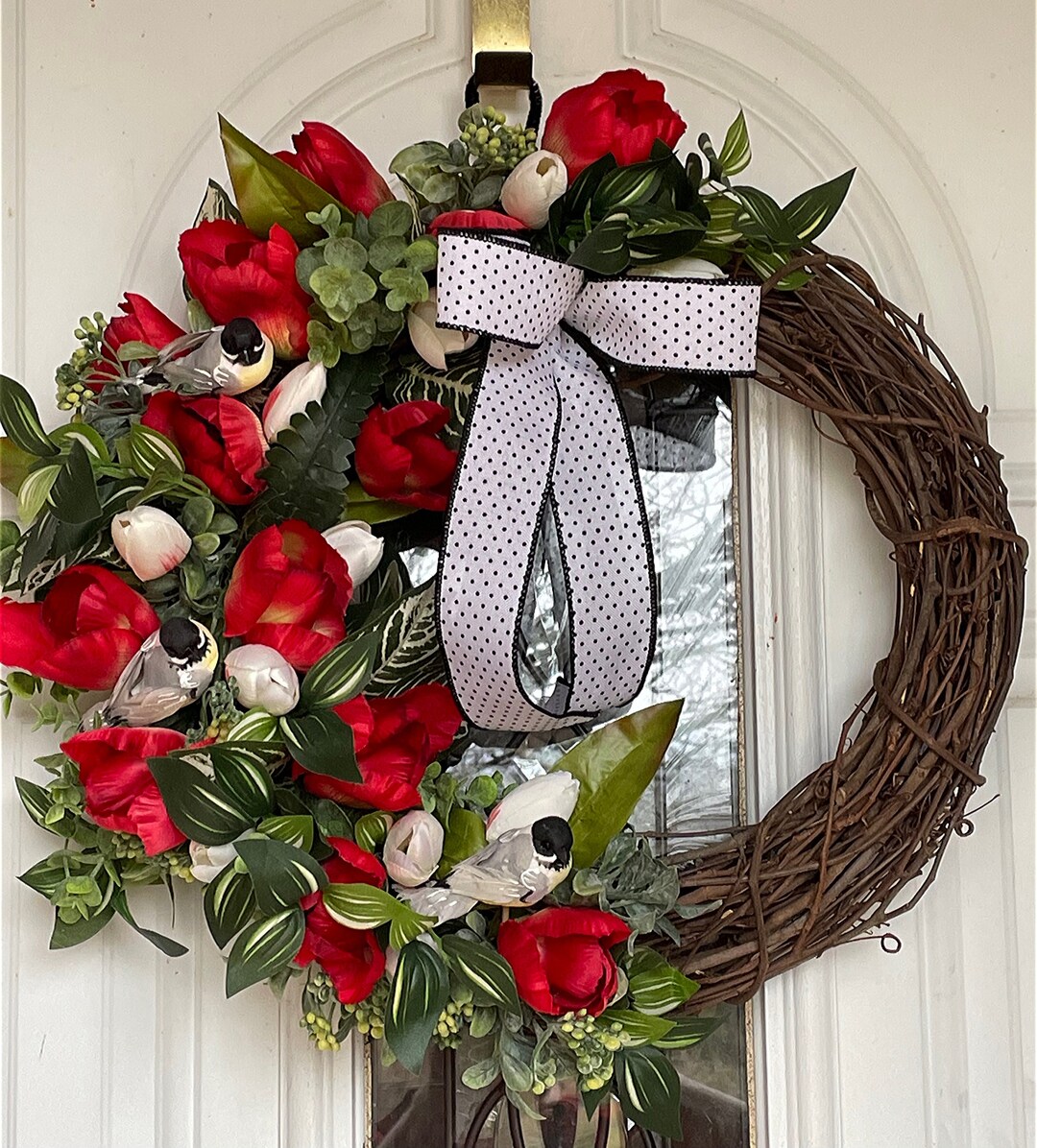 Tulip Spring Grapevine Wreath With Birds for Your Front Door, Farmhouse ...