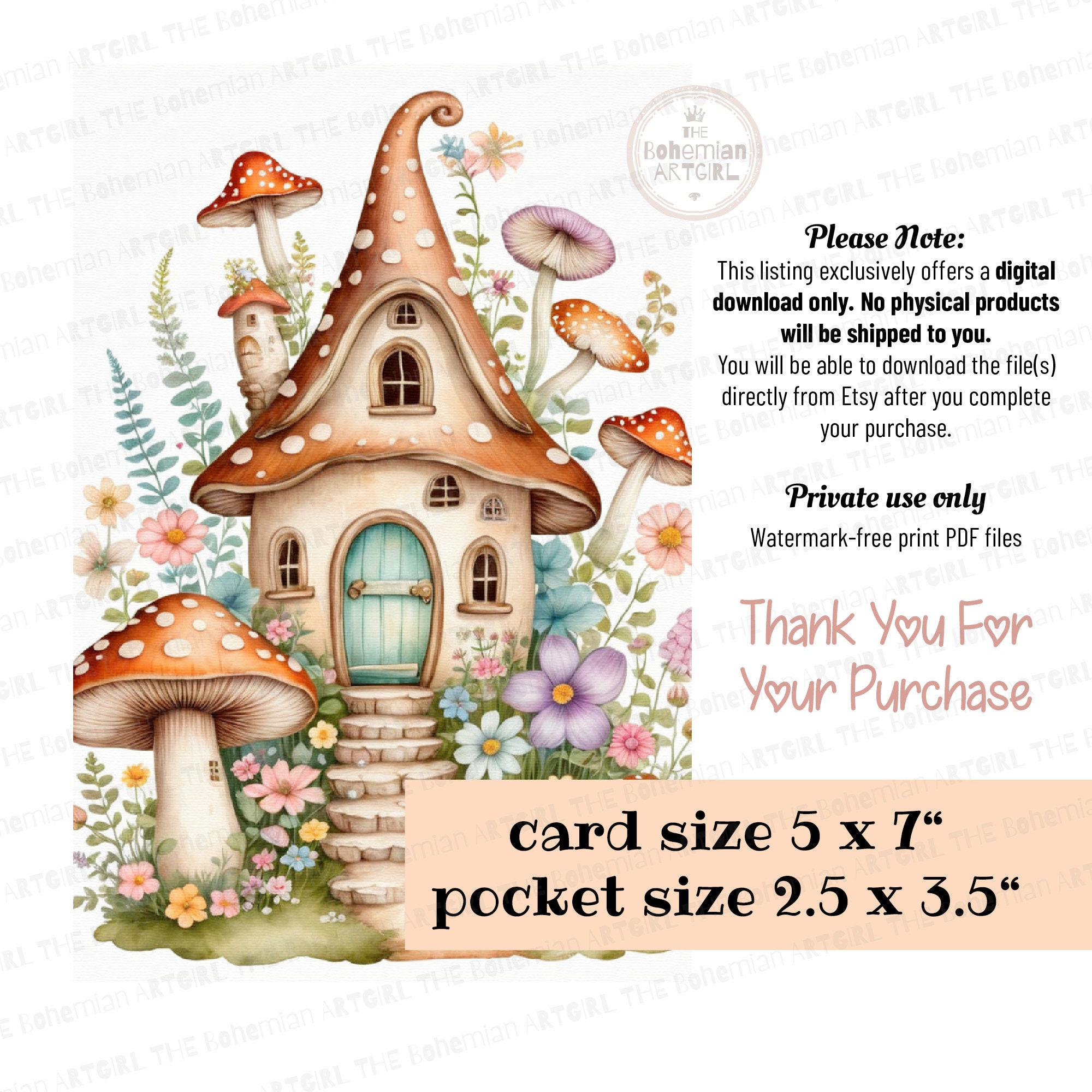 Printable Whimsical Fairy Cottages Mushroom Houses, Mixed Media Art ...