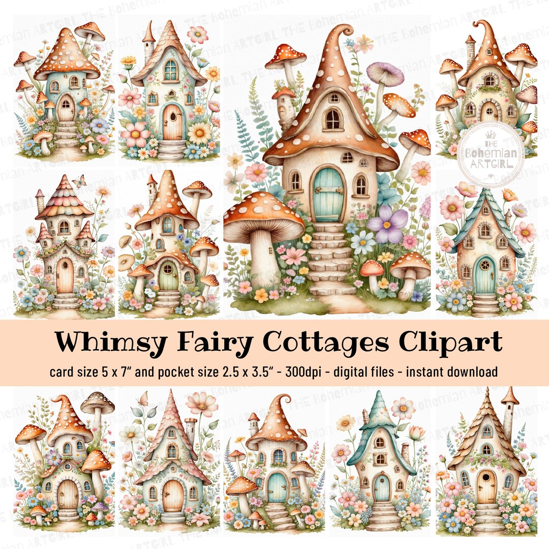Printable Whimsical Fairy Cottages Mushroom Houses, Mixed Media Art ...