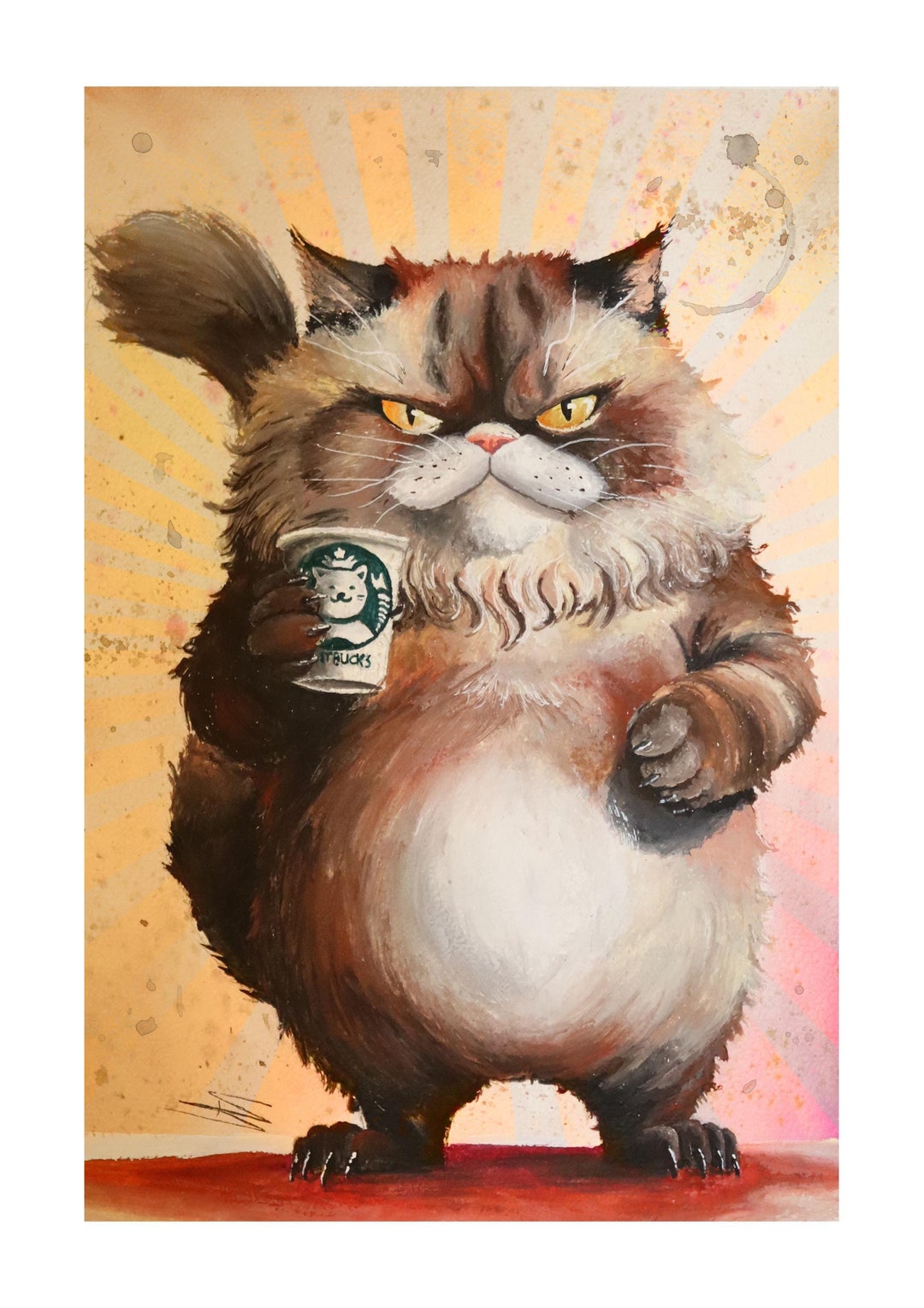 Grumpy Cat, Starbucks Coffee, Funny Cat Art, Gouache Painting, Home ...