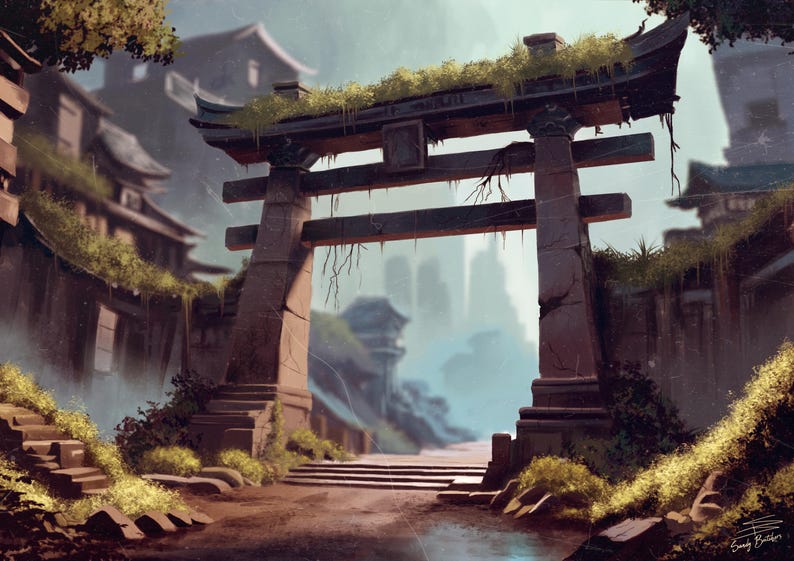 Tori Gate in Post-apocalyptic Cyberpunk Urban Landscape - Futuristic ...