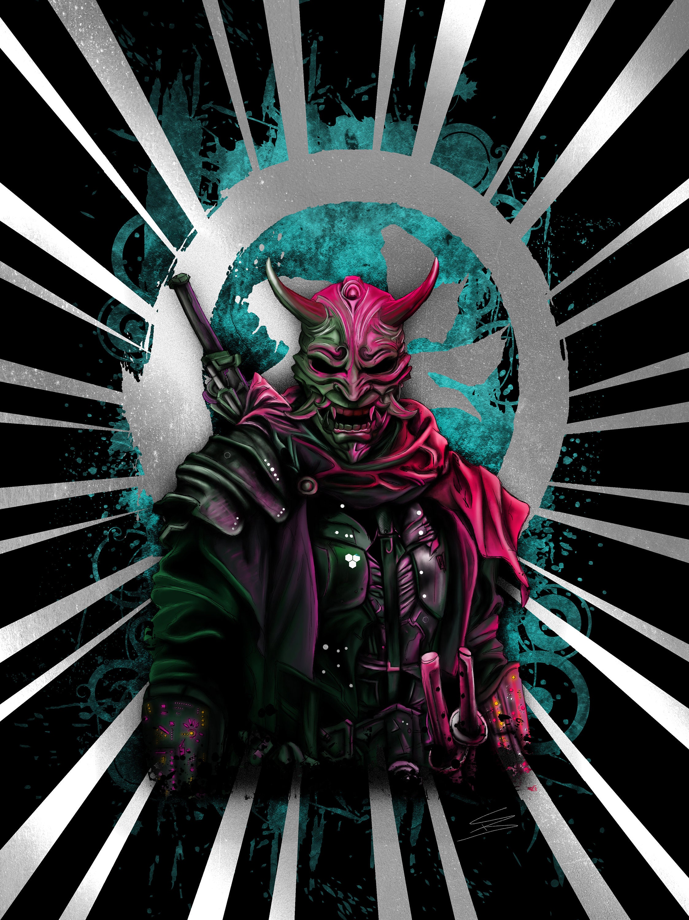 Cyberpunk Oni Warrior: Silver Foil Art Print Limited Edition, Tattoo ...
