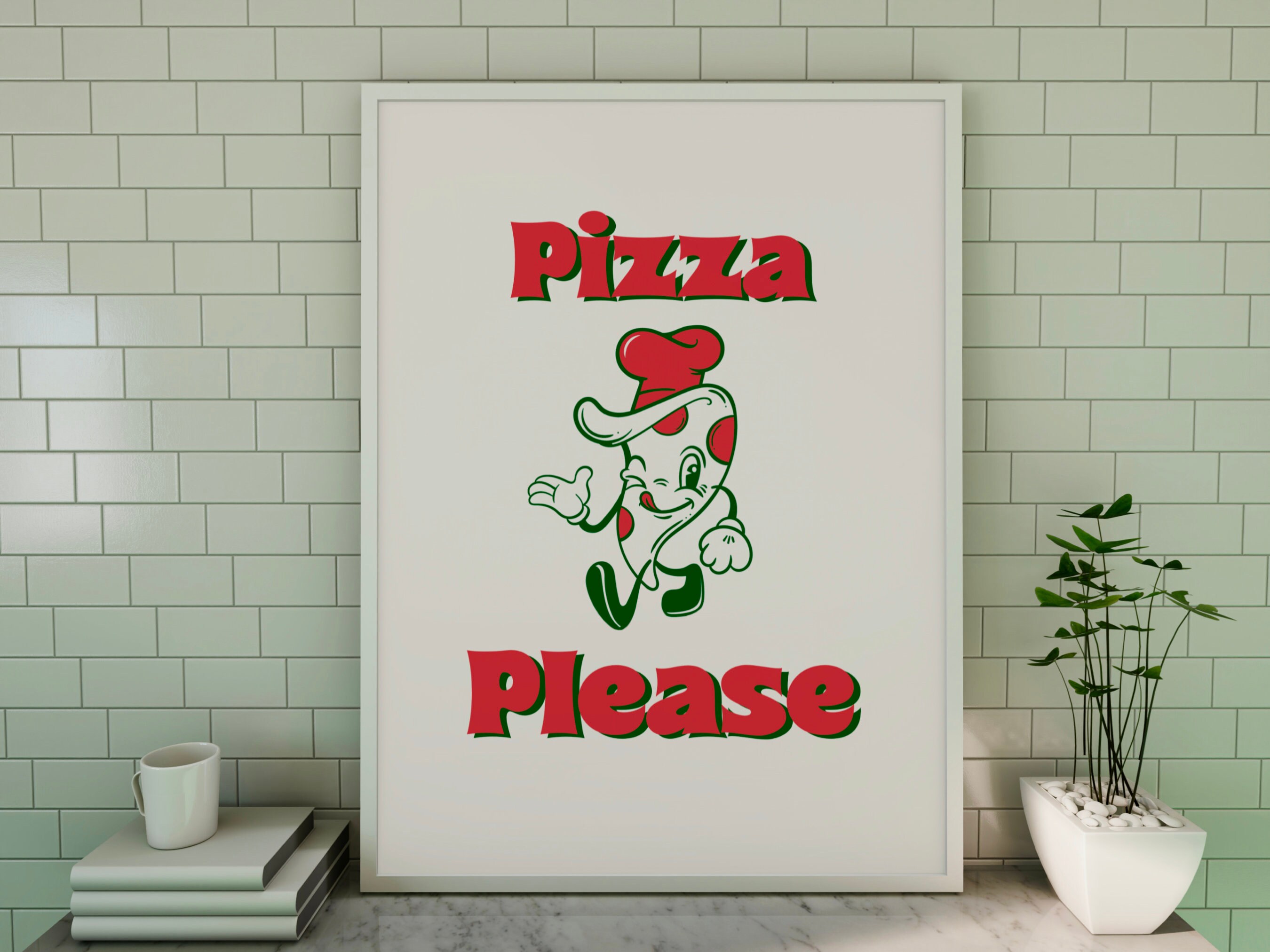 Pizza Please Print, Retro Pizza Cartoon, Digital Prints, Retro Wall Art ...