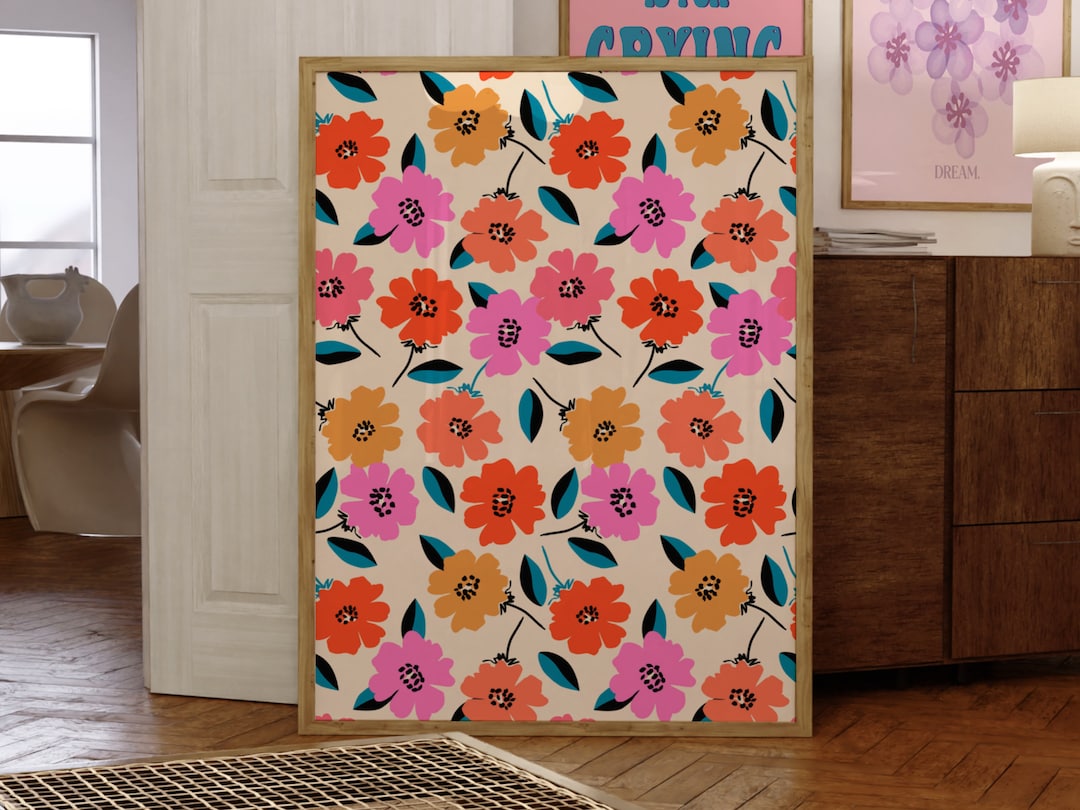 Retro Flower Art Decor, Floral Art Print, Girly Trendy Art, Retro ...