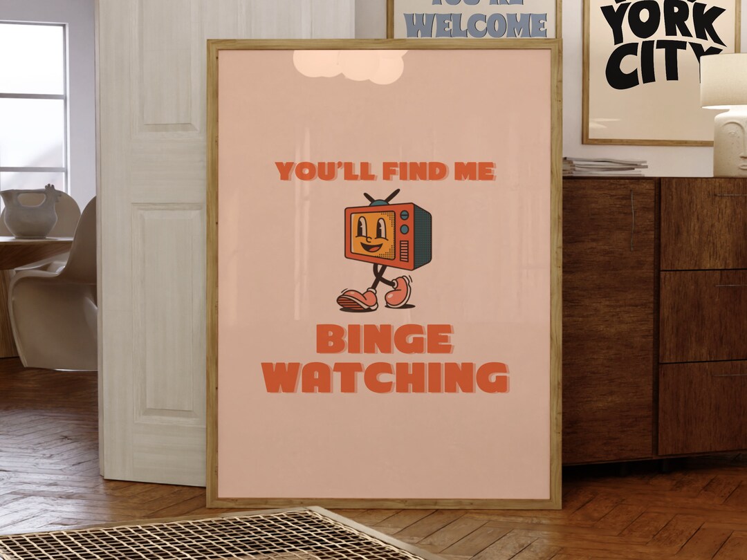 Binge Watching Print, Retro Cartoons, TV, Funny Gifts, Posters, Digital ...