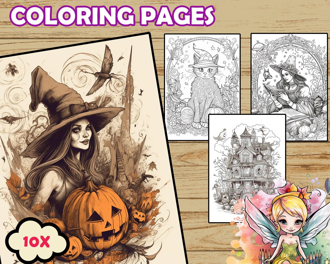10 X Halloween Coloring Pages A4 Printable Witch Pumpkin - Etsy