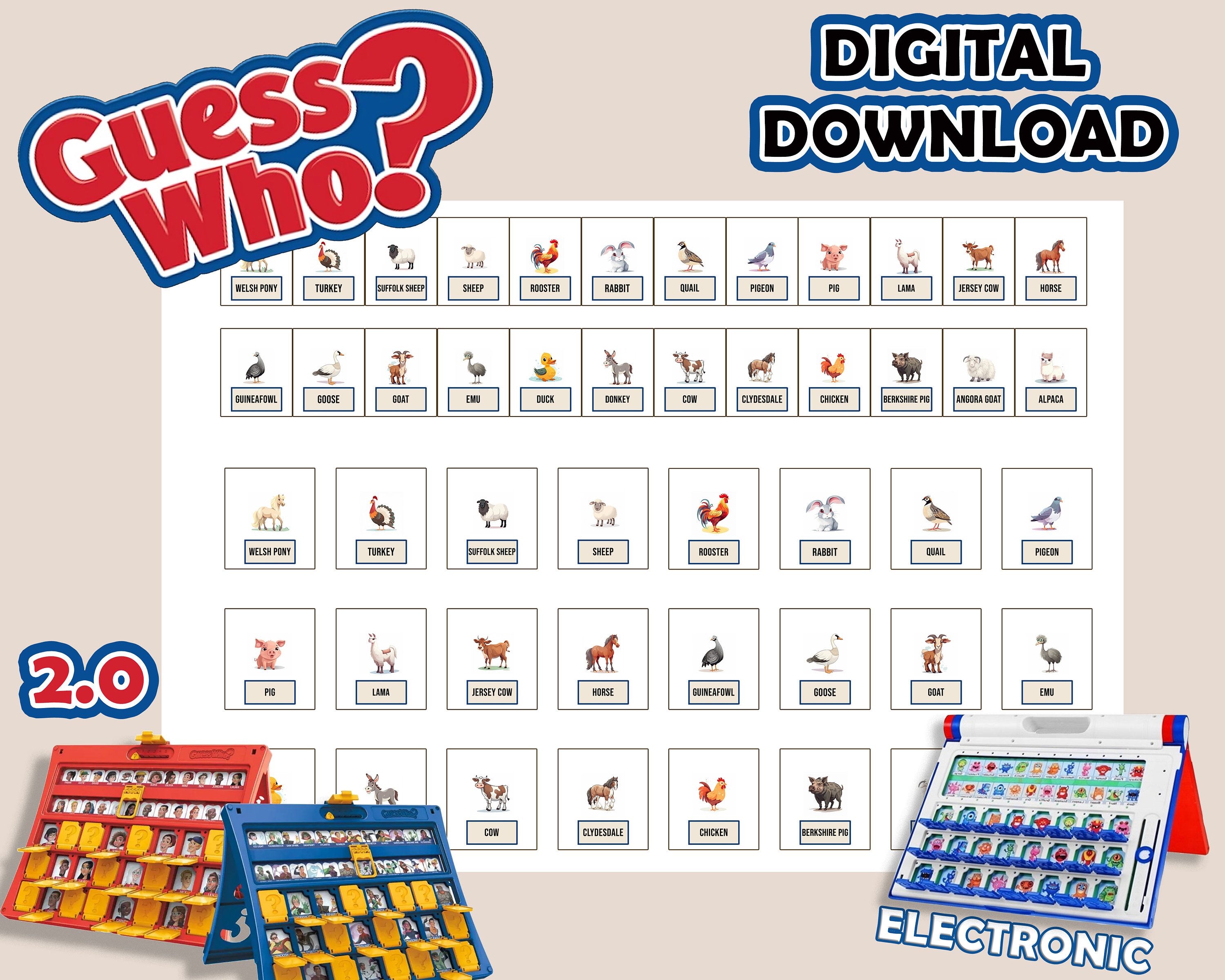 Farm Animals Guess Who? 2.0 | Printable Insert Cards | Digital Download ...